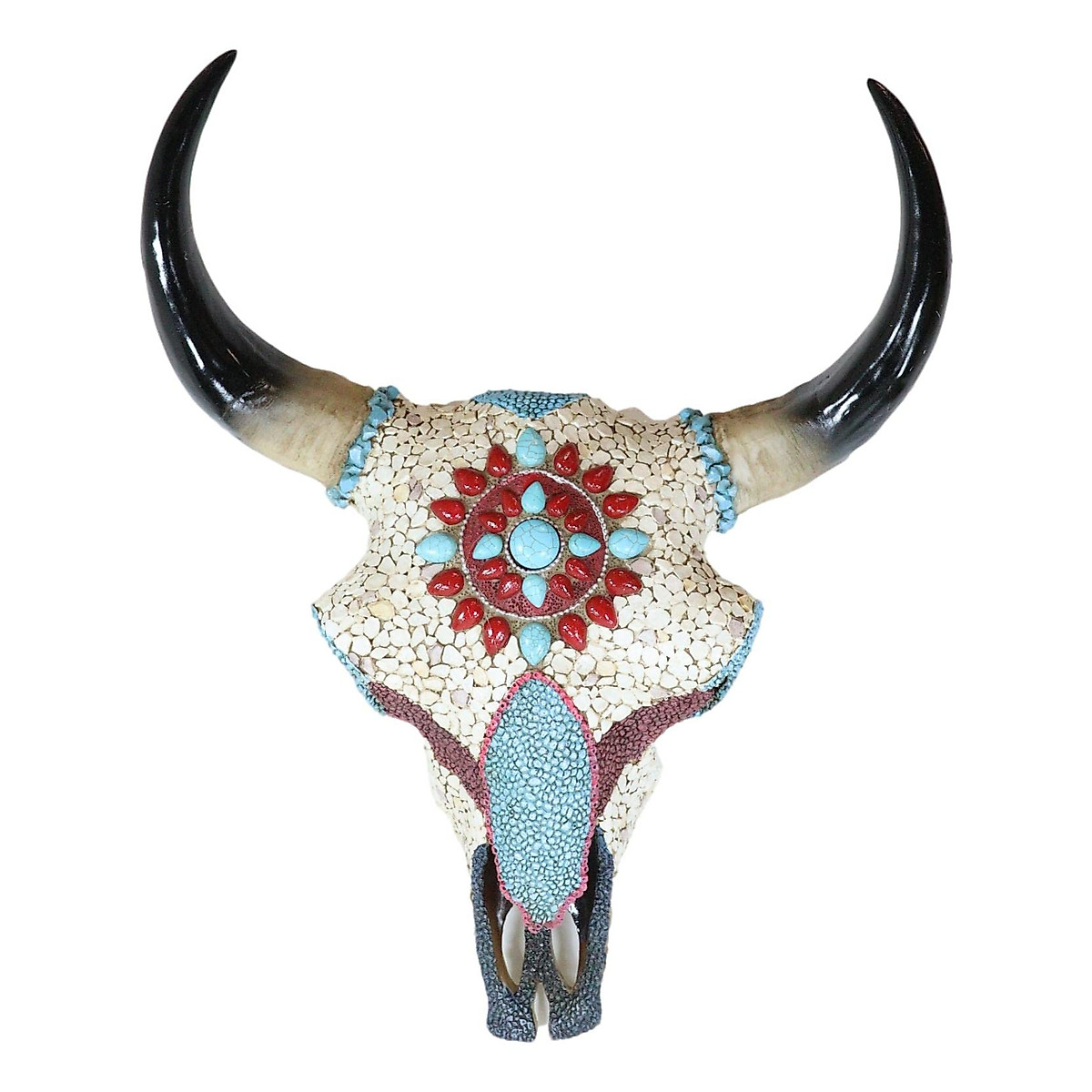 Ebros Gift 16.5" High Large Western Southwest Steer Bison Buffalo Bull Cow Skull Head with Mosaic Turquoise and Red Aztec Sun Teardrop Gems Design Wall Mount Decor Native Indian Accent Skulls