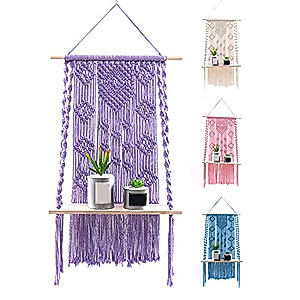 Goodliest Handmade Woven Macrame Wall Hanging Shelf, Boho Wall Decor Floating Shelves, Rope Plant Pot Basket Hanger Holder for Bedroom Kitchen Blue