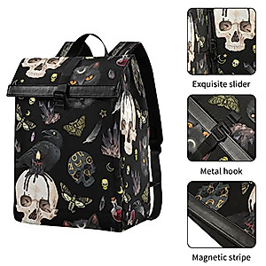 MNSRUU Roll Top Travel Backpack Goth Skull Moth Laptop Backpacks for Women Men School Book Bag for College Students, Carry On Casual Daypack Backpacks