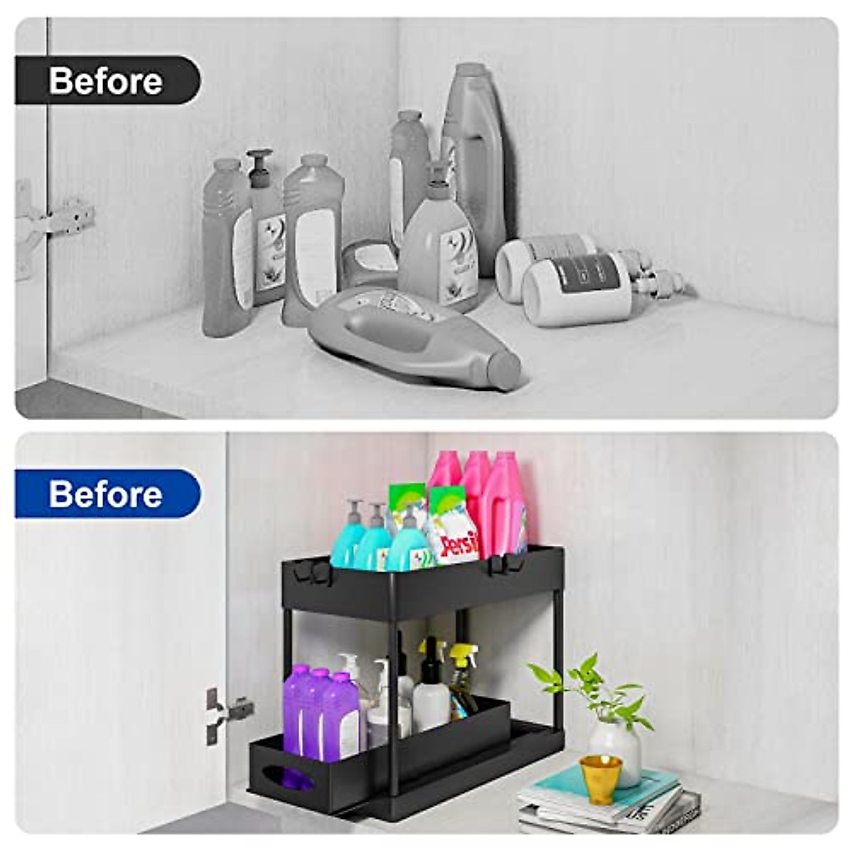 KMIGRUAN Under Sink Organizers and Storage,2 Tier Kitchen and Bathroom Organizer Under Sink Shelf，Multi-function with Hook Under Cabinet Organizer