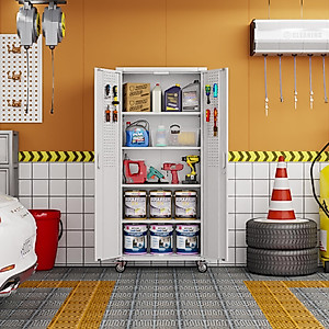 Aobabo Upgraded White Metal Storage Cabinet with Pegboard, 72In Rolling, Lockable Cabinet with 2 Doors & 4 Shelves for Office & Home， Assembly Required