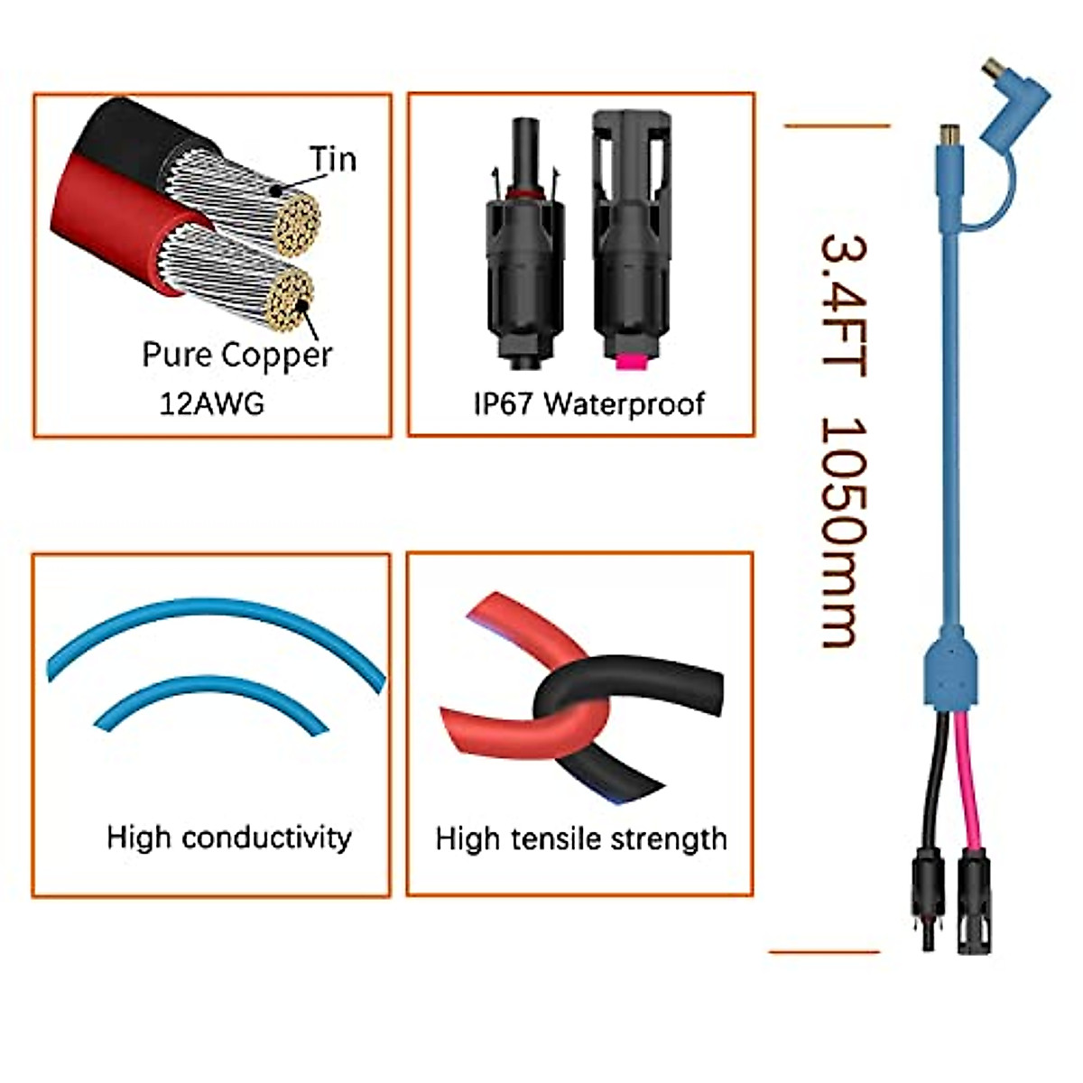 KarlKers Solar Panel Connector to DC 8mm Adapter Cable, Waterproof 8mm DC Connector with DC8020 Converter, Solar Connector to DC8mm for Solar Generator Portable Power Station 12AWG Heavy Duty Wire