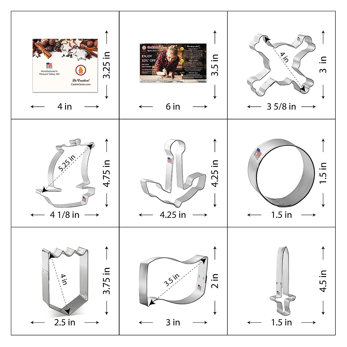 Foose Cookie Cutters 7 Piece Birthday Pirate Cookie Cutter Set Ship, Flag, Skull & Crossbones, USA