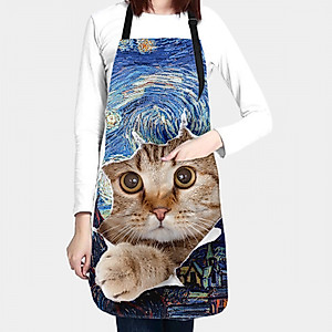 DZGlobal Starry Night Cat Apron Art with Lovely Pet Unisex Kitchen Bib with Adjustable Neck for Cooking Gardening Adult Size, Blue