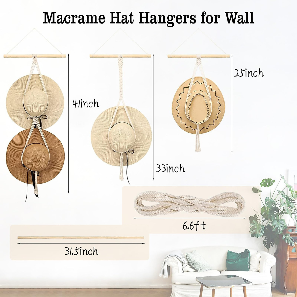 Pushaccas Macrame Hat Hangers for Wall - Boho Hats Rack Cowgirl Hat Holder on Wall, Western Bedroom Decor Hat Display Country Room Decor Gift for Women, 100% Natural Cotton, 41x31inch