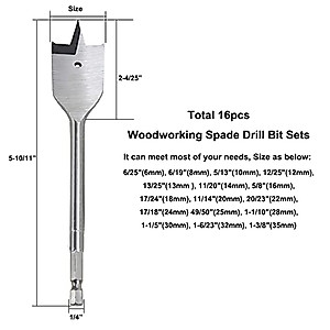 Woodworking Spade Drill Bits Set 16Pcs High Carbon Steel Hex Shank Paddle Flat Bits with Double Side Cutting Spurs Woodworker Hole Cutter Bits for Wood, Polyurethane Board, PVC Sizes 6/25~1-3/8IN