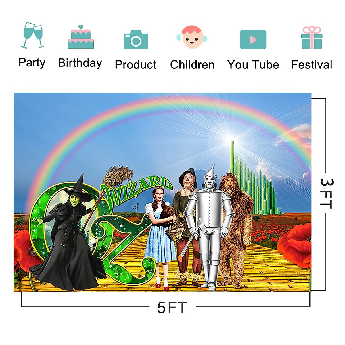 WANNHSZF Green Castle Gold Road Backdrop for Party Decorations, Retro Movie Photo Backgrounds, The Wizard of OZ Theme Baby Shower Banner , Booth Studio Props Birthday Cake Table Decoration, 5x3ft