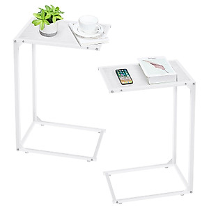 Set of 2 C Shaped End Table, Couch Tables That Slide Under, C Shaped Sofa Table for Couch, C Tray Snack Side Table for Living Room, Bedroom,Sofa, White