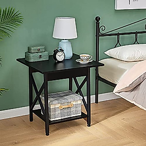 GreenForest End Table Large 24 inch Farmhouse Industrial Design Side Table Nightstand with Storage Shelf for Living Room, Easy Assembly, Black