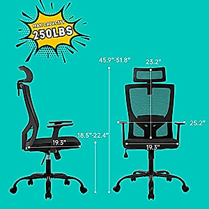 Ergonomic Office Chair Swivel Home Office Desk Chair with Head Pillow Breathable Mesh Backrest Adjustable Seat Height Firm Arm Rests Mesh Chair for Working and Resting (Black)