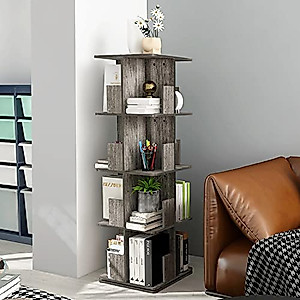 Tohomeor Rotating Bookshelf 4 Tier Bookcase Square Floor Standing 360° View Stackable Storage Display Book Rack Wooden Shelf for Living Room Nursery Bedroom Study Office Corner Space (Greige)