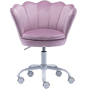 DM Kids Desk Chair Ergonomic Reading Study Computer Chair for Students Cute Modern Upholstered Velvet Swivel Rolling Arm Chair for Girls Bedroom, Seashell Back Adjustable Vanity Chair (Purple)
