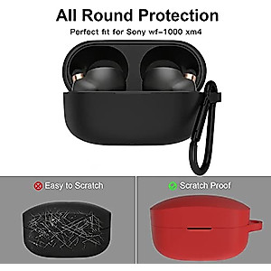 Kanya Case Compatible Sony WF-1000XM4,2 Packs Full Protective Shockproof Anti-Slip Silicone Case Cover with Carabiner and Silicone Hand Strap for Sony WF-1000XM4 (Black+Red)