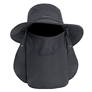Men's Wide Brim Sun Fishing Hat Outdoor UPF 50+ Sun Protection with Removable Face and Neck Flap Dark Grey