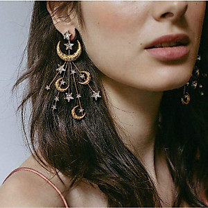 Star Moon Earrings Made Swarovski Crystal Gold Plated Crescent Moon Stars Drop Dangle Earrings Chunky Statement Star Earrings for Women Trendy Jewelry Gift