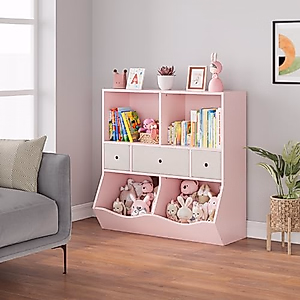 IDEALHOUSE Kids Toy Storage Organizer with 3 Movable Drawers, 3 Tier Children Bookcase and Bookshelf, 7 Cubby Toy Storage Cabinet, Toy Shelf for Playroom, Bedroom, Living Room, Nursery,Pink