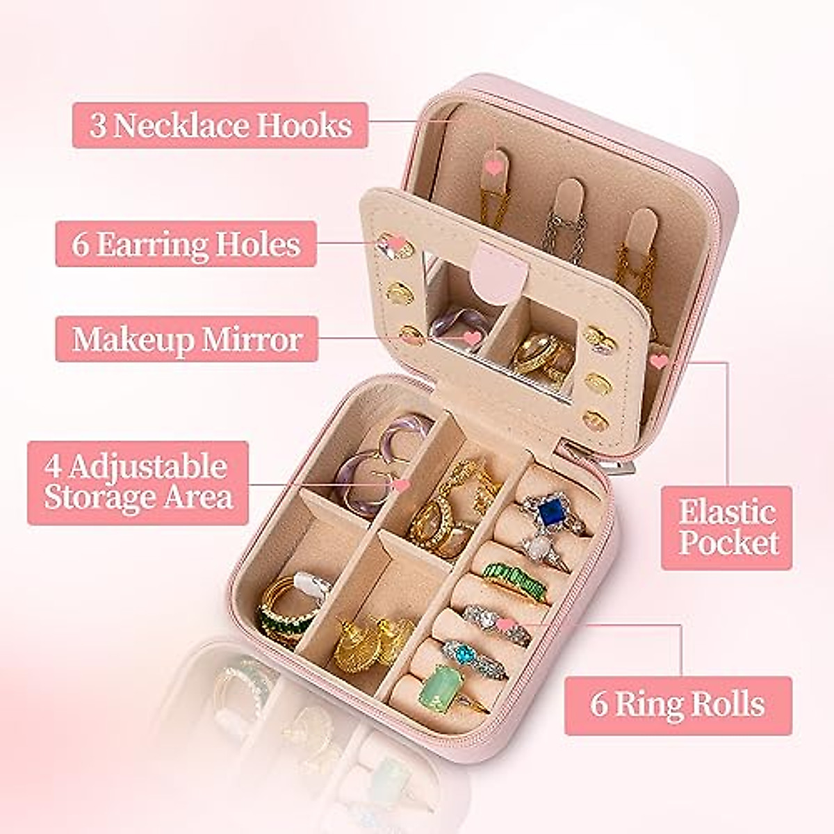 Ulico Travel Jewelry Case Jewelry Box- Small Jewelry Organizer with Mirror, Jewelry Holder Organizer Box, Travel Essentials Travel Gifts Birthday Gifts for Women Girls Friends Sister Initial Pink M