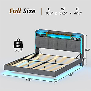 Full Size Floating Bed Frame with Charging Station,RGB Light,2-Tier Upholstered Headboard & 2 Hidden Storage Space,Heavy Duty Slat Support,Sturdy & Stable,Line Tufted, No Box Spring Needed, Dark Gray