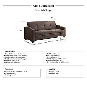 Lexicon Cline Futon Sofa Sleeper, Grayish Brown