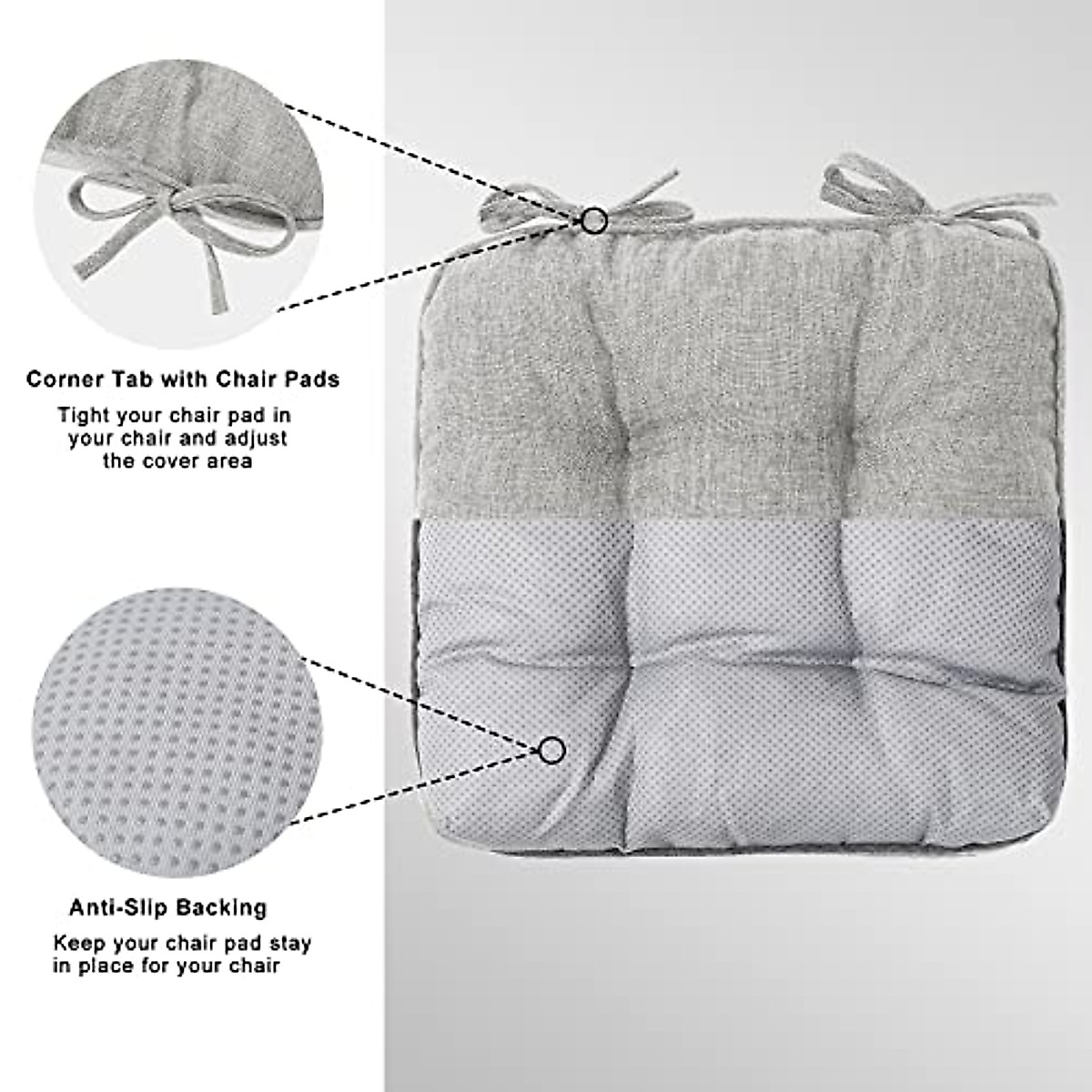 EAIMi Indoor Chair Cushions for Dinning Chairs 4 Packs| Tufted Memory Foam Overstuffed Kitchen Chair Pads with Ties | Textured Non Slip Back Seat Cushions 15.5x15.5x4 Inches Light Grey