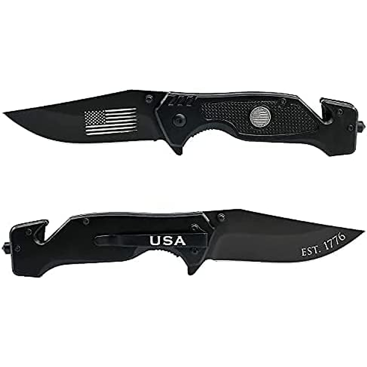 Black Tactical Folding Knife-3.5 Inch Stainless Steel Blade with American Flag | USA Rescue & Hunting Knife - Disabled USMC Vet Owned SMALL Business