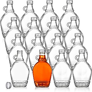 Bekith 16 Pack 8 Ounce Glass Maple Syrup Bottles, Clear Glass Bottle Set with Loop Handle & Sliver Plastic Lids for Syrup