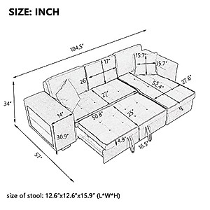 Reversible Sleeper Sectional Sofa with Pull Out Bed, Comfy Button Tufted Convertible Couch with Storage Chaise 2 Stools , 4 Seater L-Shaped Corner Sofabed Furniture Set for Living Room, Small Space