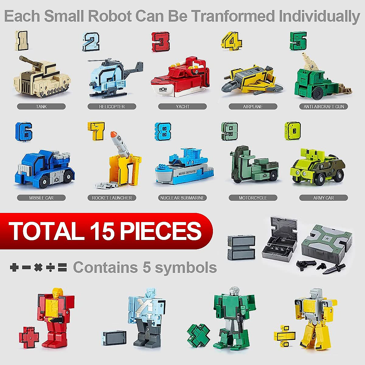 15 Pcs Number Rots Robots Transforming Blocks Toys for 3 4 5+ 6 7 8 Years Old Boys Girls Figure Toy STEM for Montessori Teaching Preschool Learning & Education Bot Bots Toys