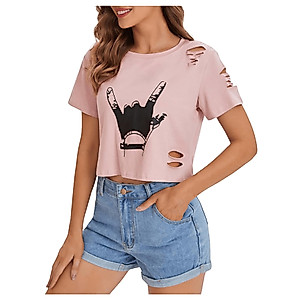 SweatyRocks Women's Short Sleeve T Shirt Graphic Print Distressed Crop Top Gesture Light Pink Small