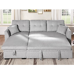 BEEY Small Sleeper Sofa, 82" Convertible L Shaped Couch with Pull Out Bed and Storage Chaise, Corduroy Sectional Sofa Bed for Bedroom, Living Room, Apartment, Light Grey