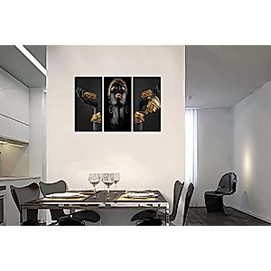 African Picture Wall Decor, Black Gold Wall Art Canvas Prints African Woman Paintings for Living Room Bedroom Bathroom Home Decor Framed (12''W x 24''H x3)