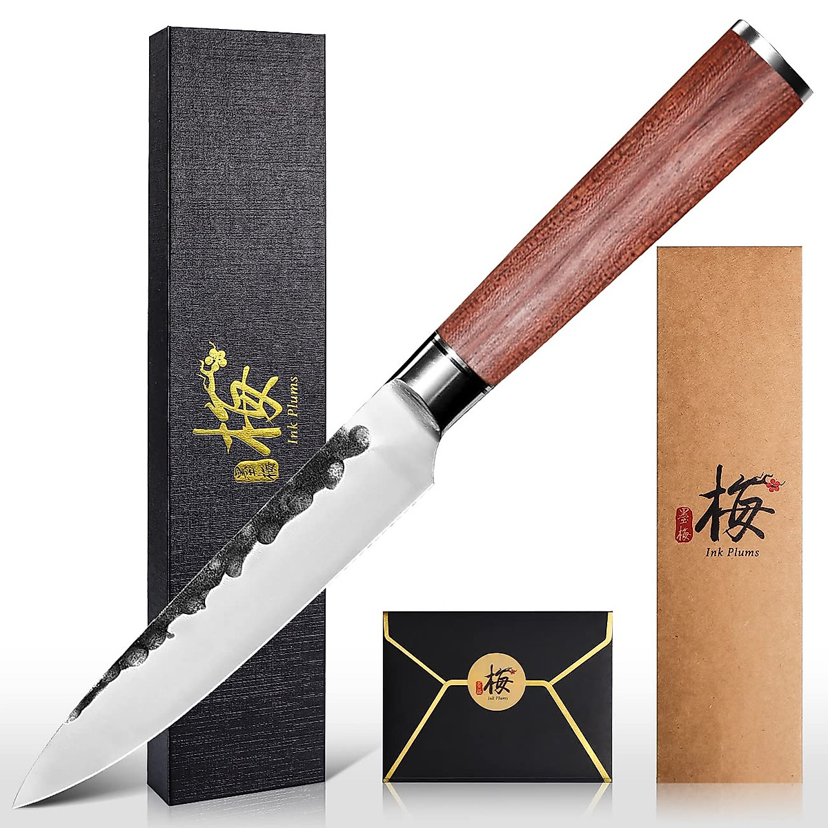 Ink Plums 5 Inch Kitchen Paring Knife,Germany High Carbon Stainless Steel Professional Knife, Ultra Sharp,Hand-forged with Brazilian Rosewood,Gift Box