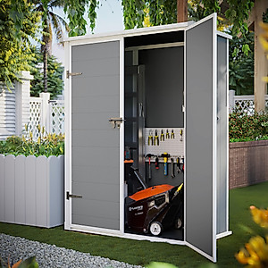 UDPATIO Resin Vertical Lockable Storage Shed, 4.3 ft x 5.6 ft Outdoor Storage Shed Waterproof Resin Cabinet for Garden, Backyard, Lawn, Grey White