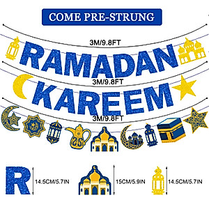 JKQ Blue Glitter Ramadan Kareem Banner and Lantern Star Moon Castle Pattern Banner Muslim Ramadan Mubarak Garland Banner Islamic Eid Mubarak Festival Celebration Party Fireplace Decorations