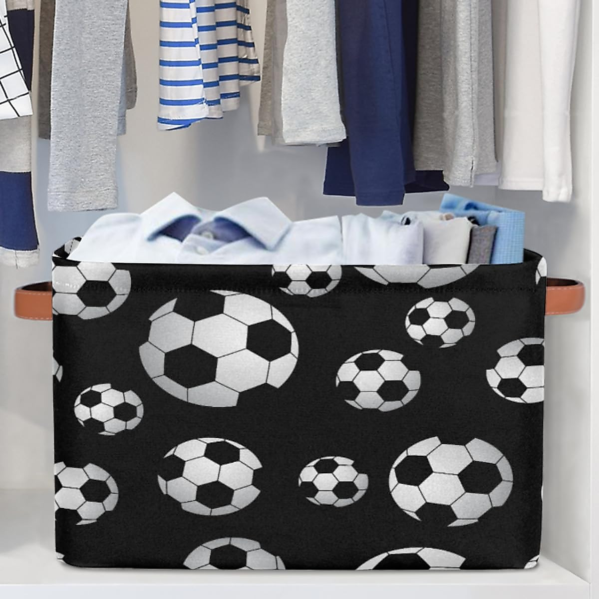Soccer Storage Bin Basket, Fottball Large Toys Storage Cube Box with Handles, Collapsible Laundry Basket Rectangular Waterproof Storage Organizer Bin for Nursery Bedroom Playroom Shelves Gift Basket