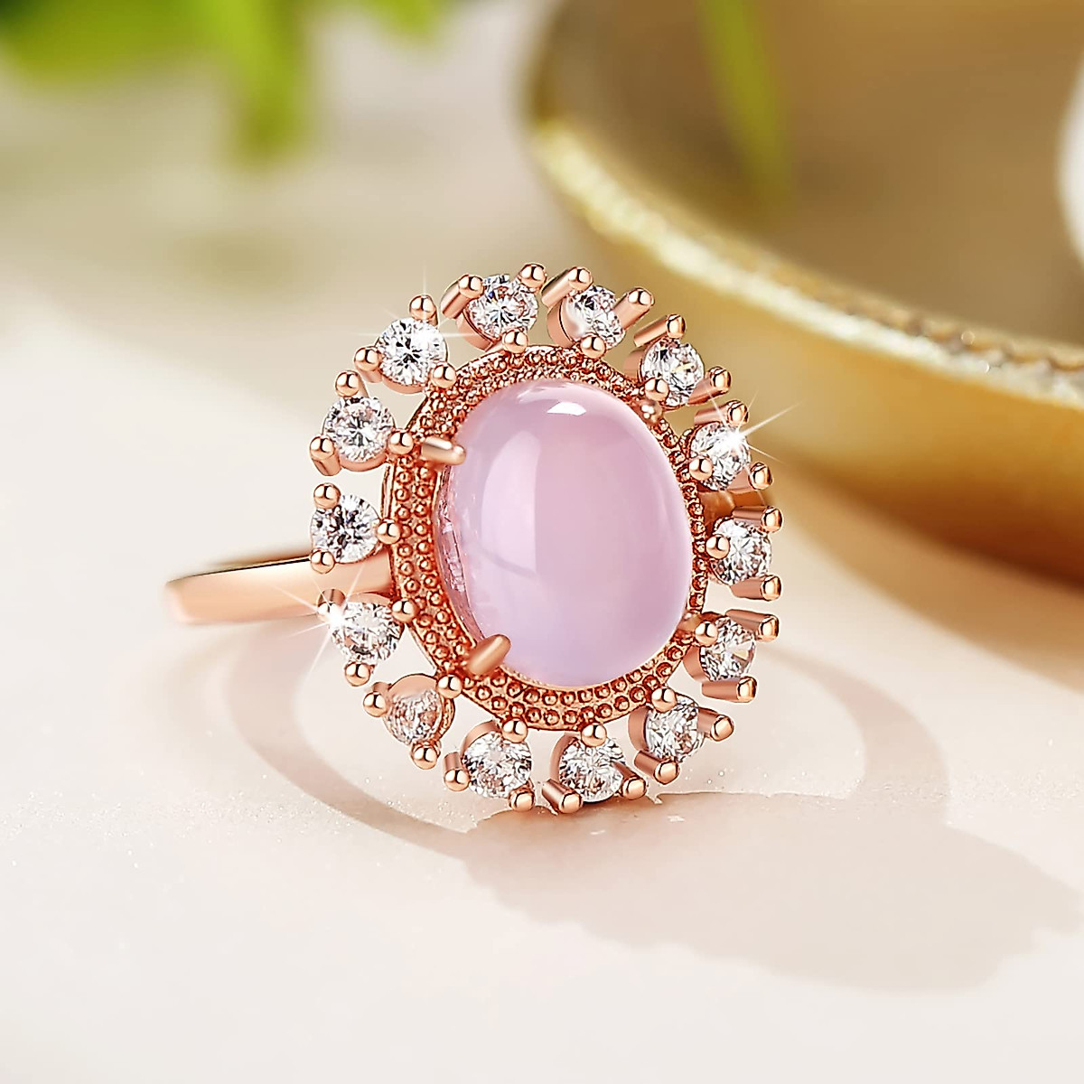 Carnelian 14K Gold Plated Women's Ring/Girls Personalized Gemstone Ring with Diamonds/Open Adjustable Ring/Suitable to Wear for Birthday Party, Prom, Brass Plated Gold, Chalcedony