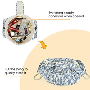 Barrel Drawstring Makeup Bag Large Cosmetic Bag Make up Bags Toiletry Organizer for Women (Blue Leaf) (Patent Pending)