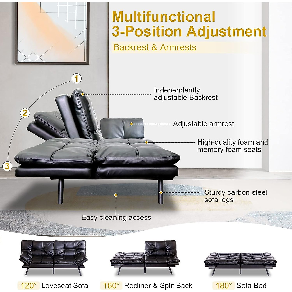 MUUEGM Futon Sofa Couch Bed Memory Foam Futon Couch Convertible Couch Bed Modern Sofa Sleeper Couch Love Seat for Living Room,Small Space,Office,Adjustable Backrests&Armrests Sofabed Black