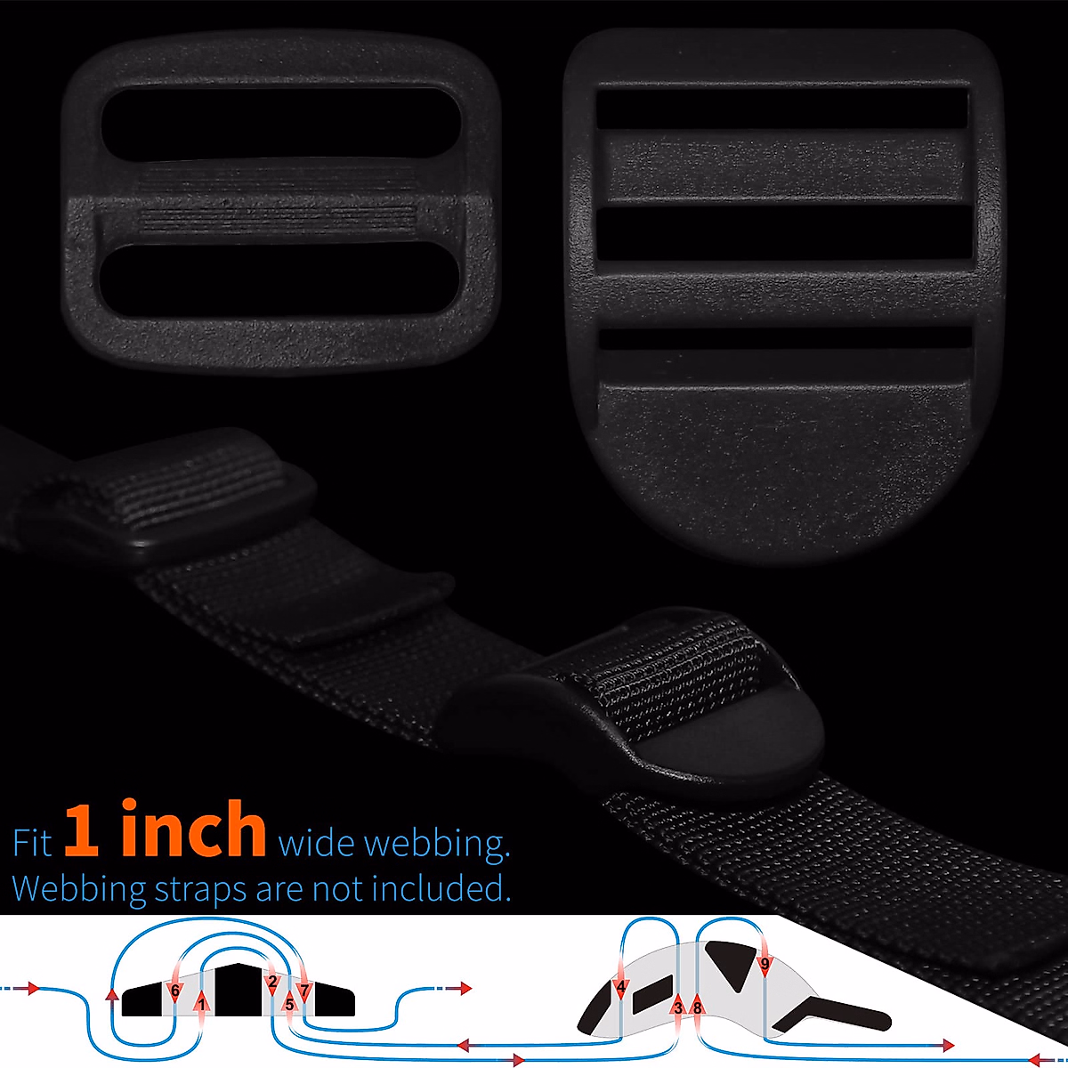 Slider Buckle for 1" Webbing: 4 Set Plastic Ladder Lock Buckles and Tri-glide Slide Fit 1 inch (25 mm) Wide Nylon Web Strap, Adjustable Quick Release Plastic Adjuster Clips Replacement Heavy Duty