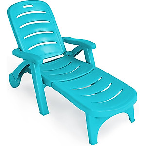 Moccha Plastic Folding Lounge Chair, 5-Position Adjustable Chaise Lounge with 2 Rolling Wheels, Armrest, Outdoor Chaise Chair for Patio, Beach, Backyard, Poolside, Home (1, Turquoise)