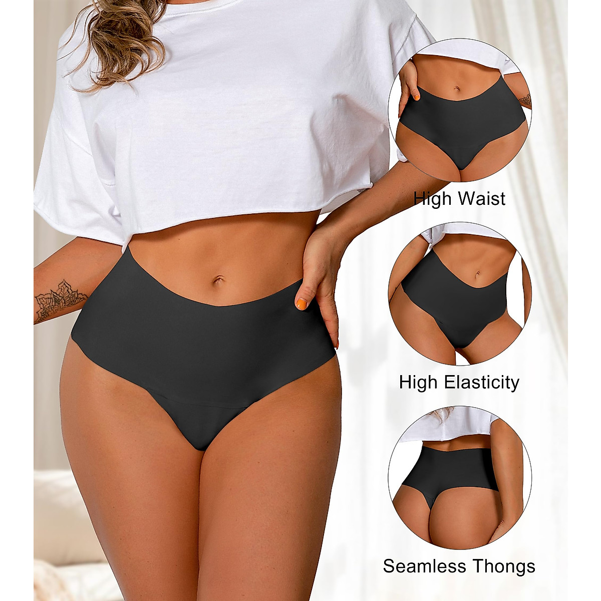 DEANGELMON Womens Thongs High Waisted Seamless Underwear for Women Breathable No Show Panties 4 Pack X-Large(4P4)