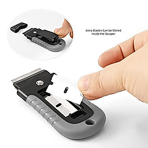 FOSHIO 2 Pack Grey Razor Blade Scraper with 20PCS Extra Razor Blades, Stainless Steel & Carbon Steel Single Edge Razor Blade Scraper Tool for Decals, Stickers, Labels, Caulk, Adhesive, Paint Removal