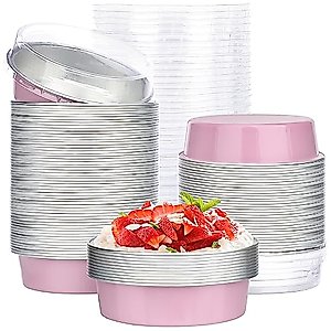 Suice Mini Cake Pans with Lids, 100PCS Disposable Foil Cupcake Baking Cups with Lid, 8oz Light Pink Cupcake Liners with Lids Mini Muffin Pan Cake Tins, Aluminum Creme Brulee Ramekins Dessert Cups