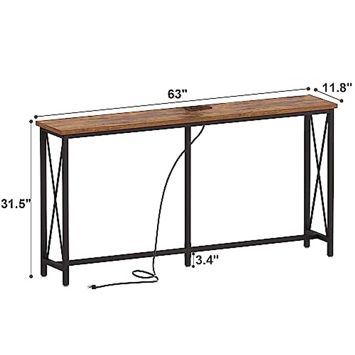 SUPERJARE Console Table with Outlet & USB Ports, 63 Inches Sofa Table with Charging Station, Narrow Entryway Table, Hallway Table, Behind Couch Table, for Living Room - Rustic Brown