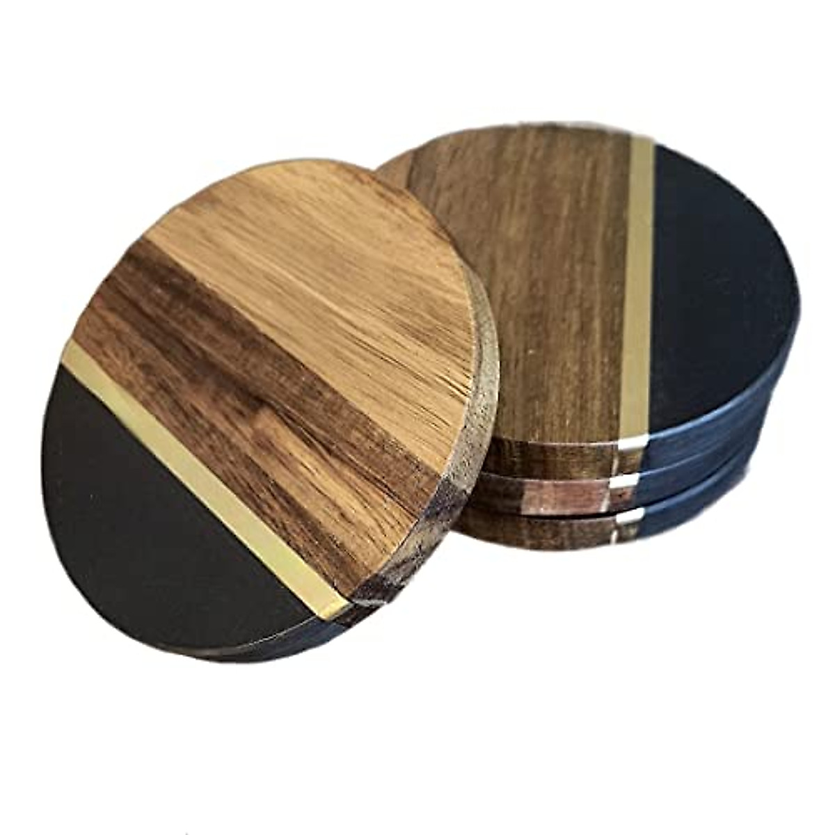 Black Slate & Acacia Wood Coasters with Brass Inlay, Set of 4