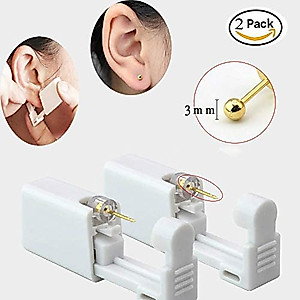 AM RONG MAGIC 2 Pack Self Ear Piercing Gun Earring,Disposable Piercing Kit No Pain Easy Use Ear Piercing Gun Kit Tool with Stud and With Alcohol Pad (3mm Gold Peas) …