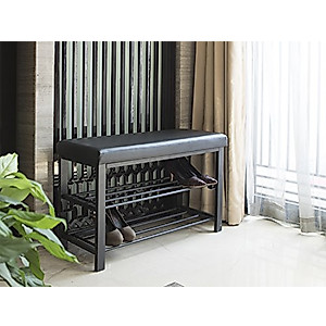Finnhomy Entryway Shoe Rack with Cushioned Seat, 2 Shelves Storage Bench w/Faux Leather Top Bed Bench, Black
