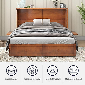 Queen Size Murphy Bed,Cube Chest Cabinet Bed with Charging Station & 3 Level Foldable Memory Foam Mattress & & Large Drawer for Guests/Bed Room (Cherry)