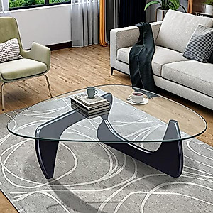 Noguchi Table Triangle Glass Coffee Table with Solid Wood Base, Modern Tempered Glass Accent Table, Sofa Side Table for Living Room Patio Study Office Hotel (Black, 0.472in)