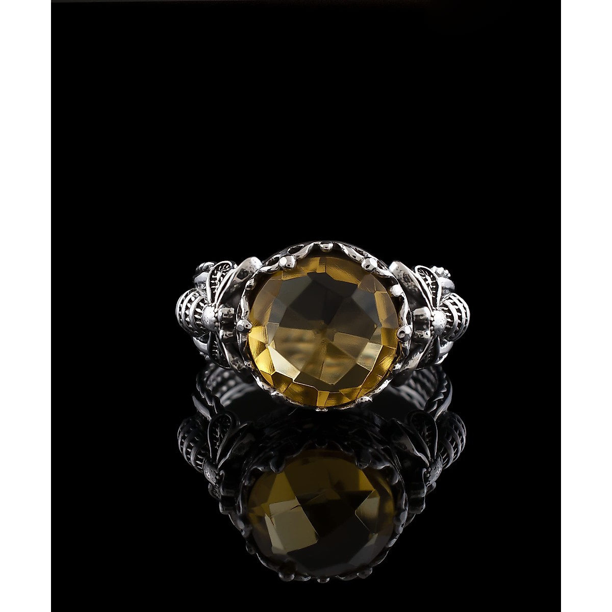 Filigranist 925 Sterling Silver Filigree Art Queen Bee Detailed Gemstone Women Cocktail Ring, Luxurious Gift Boxed (Citrine, 6)